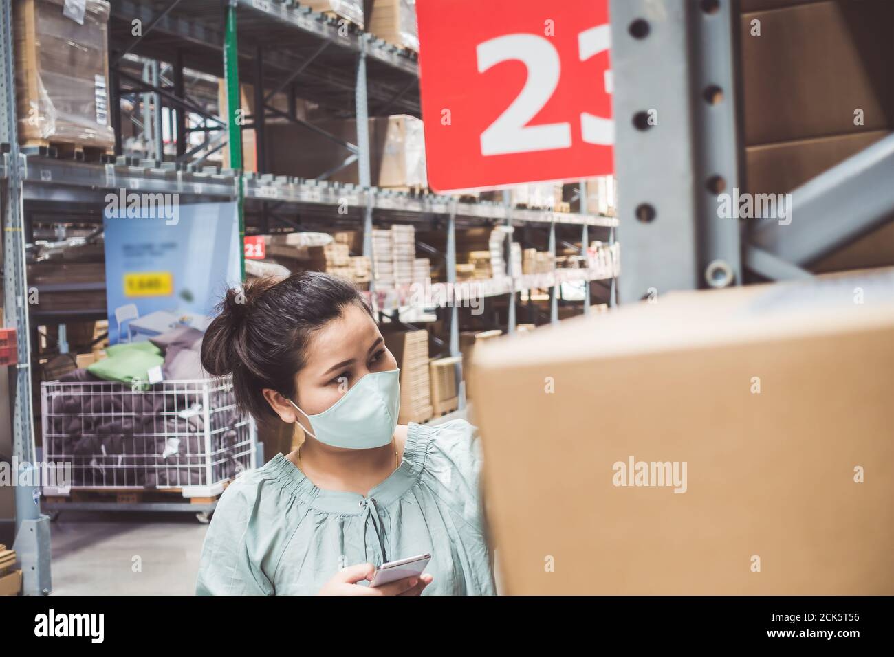 Customer Asian Woman Wearing Face Mask With Shopping Cart in ...