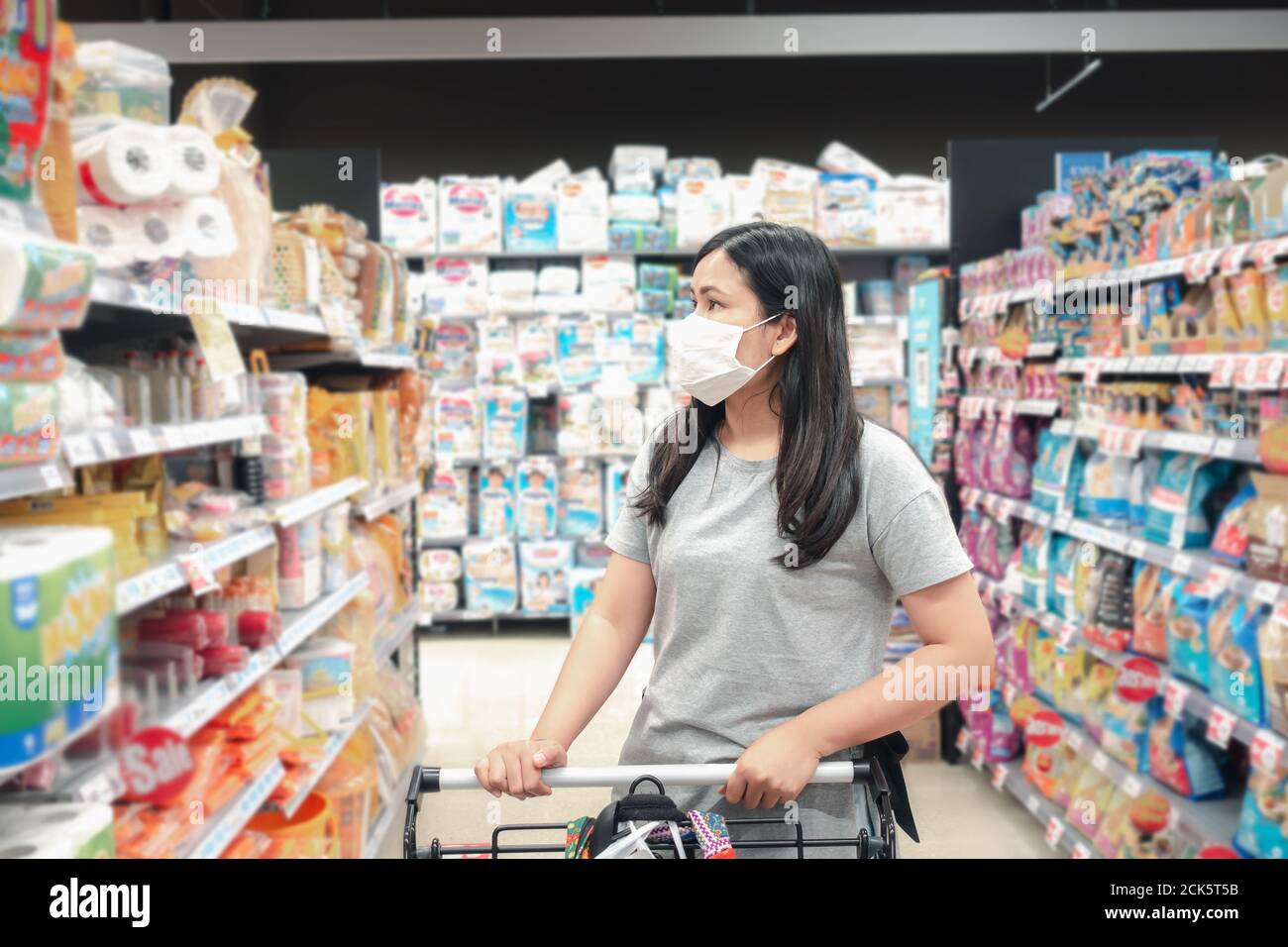 Customer Asian Woman Wearing Face Mask With Shopping Cart in ...