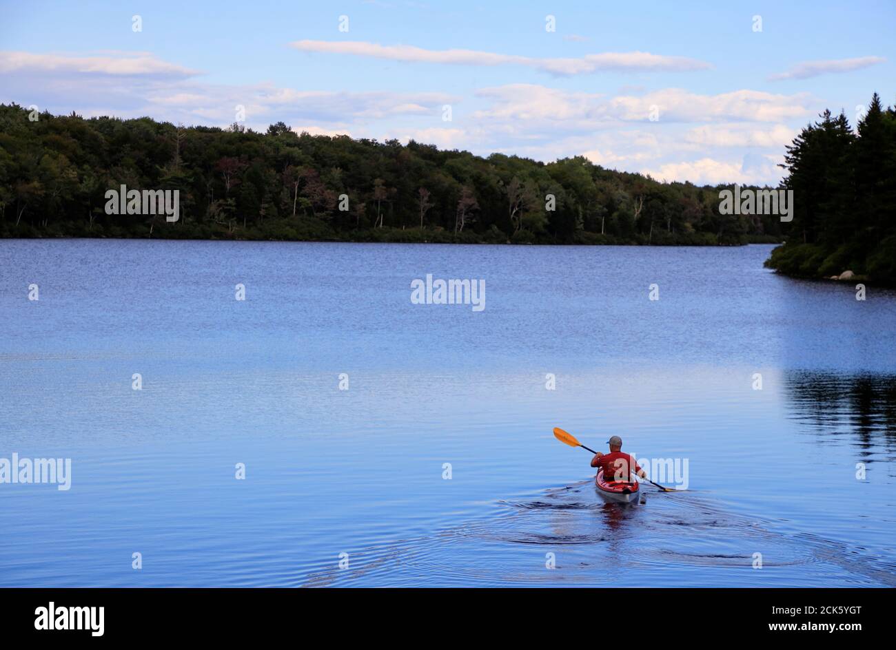 A visitor kayaking in Grout Pond.Grout Pond Recreation Area.Vermont.USA ...