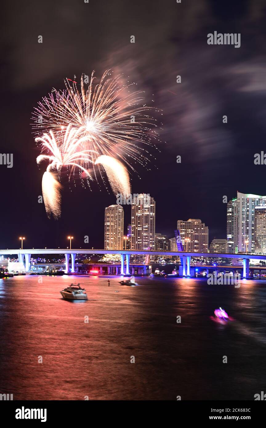 Miami, Florida - July 4, 2019 - Fireworks above City of Miami skyline ...