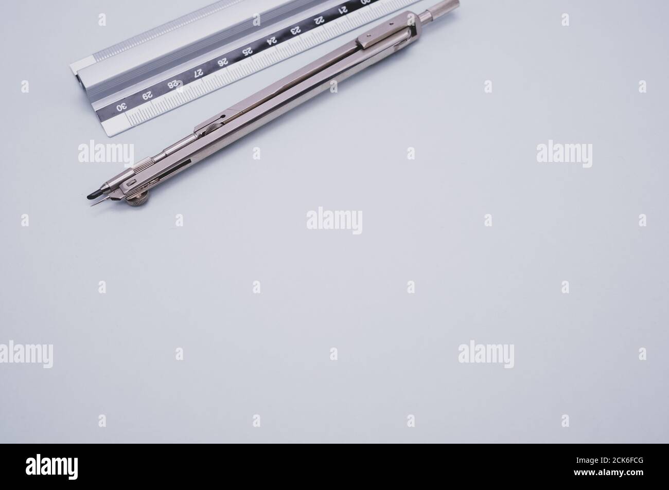 Set of technical drawing tools on a gray background with a copy space ...