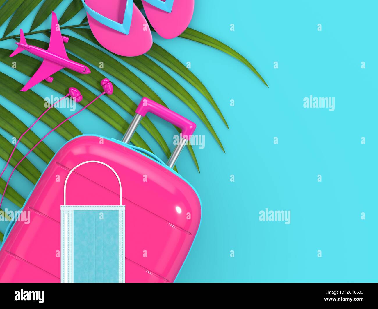 3d render of suitcase, beach stuff and protective mask. Travelling ...