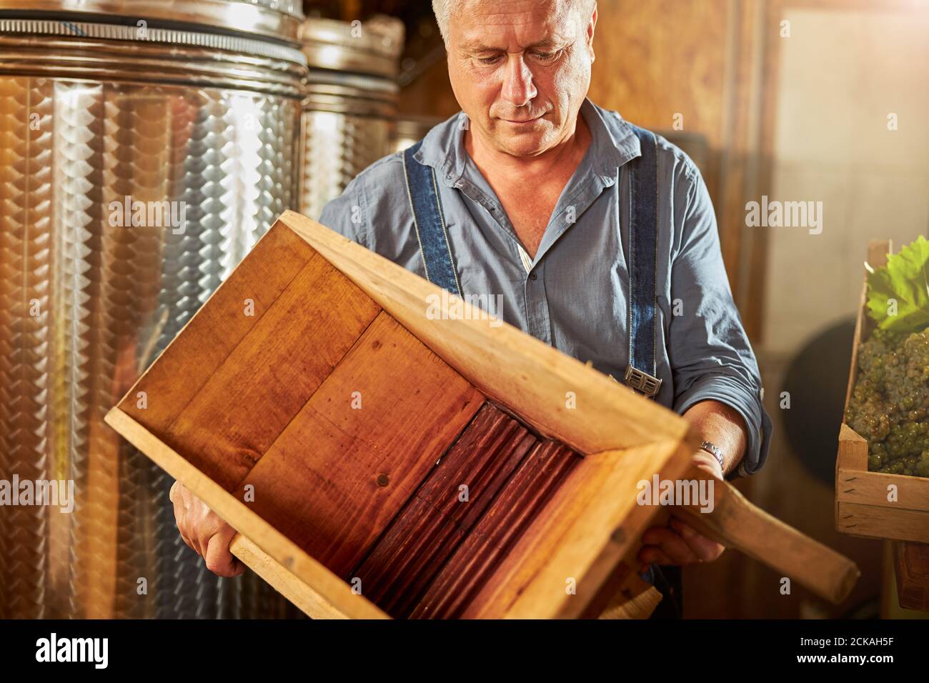 Skilled winery worker setting up a grape crusher Stock Photo - Alamy