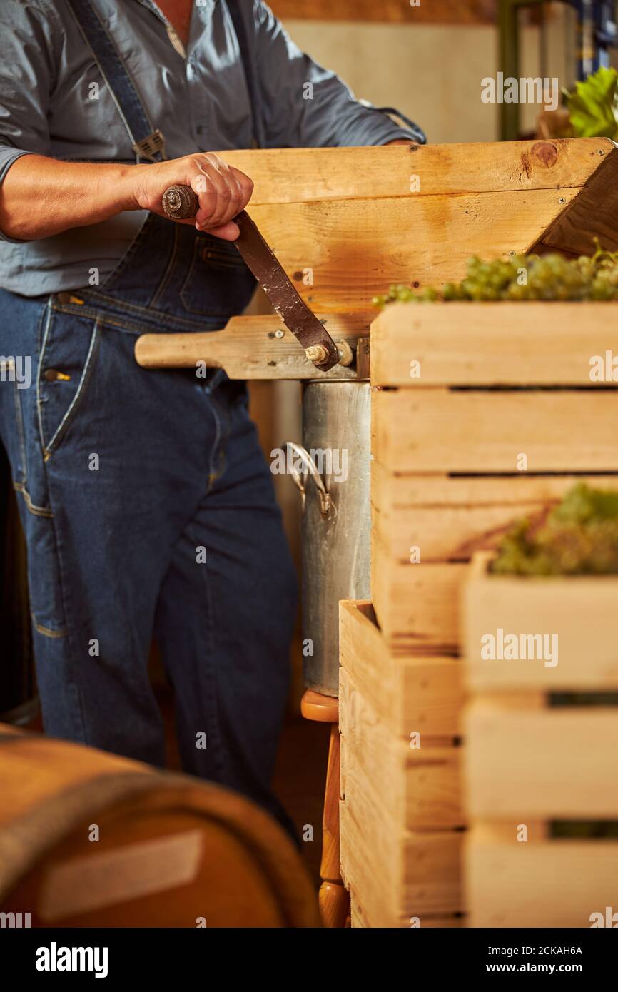 Skillful winemaker crushing grapes in a wooden machine Stock Photo - Alamy