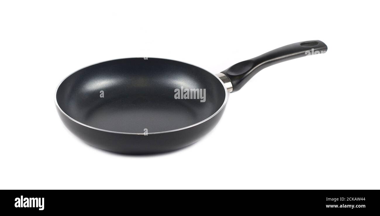 Metal black frying pan with a non stick coating composition isolated ...