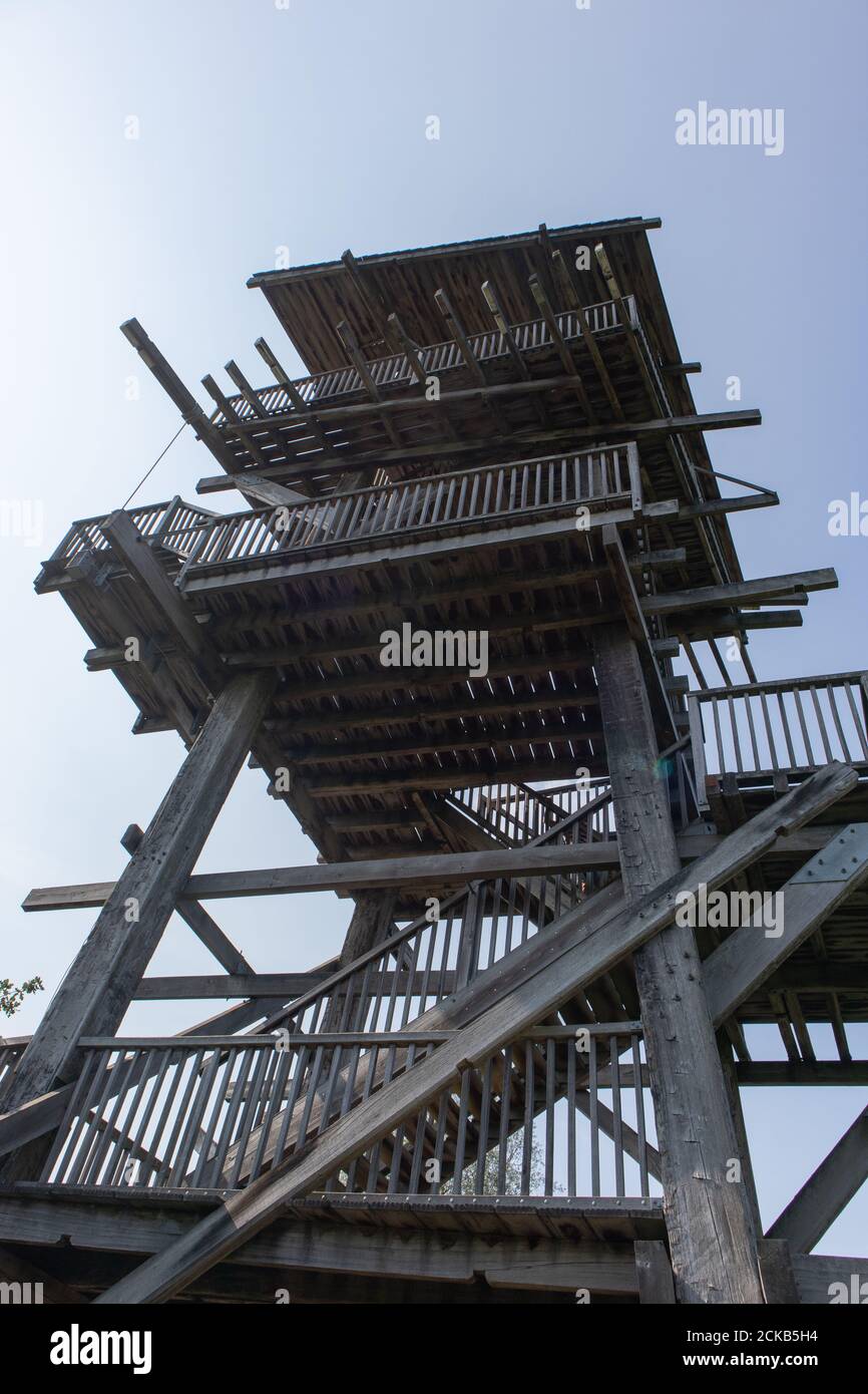 Low angle shot of a metal watchtower on a sunny sky background Stock ...