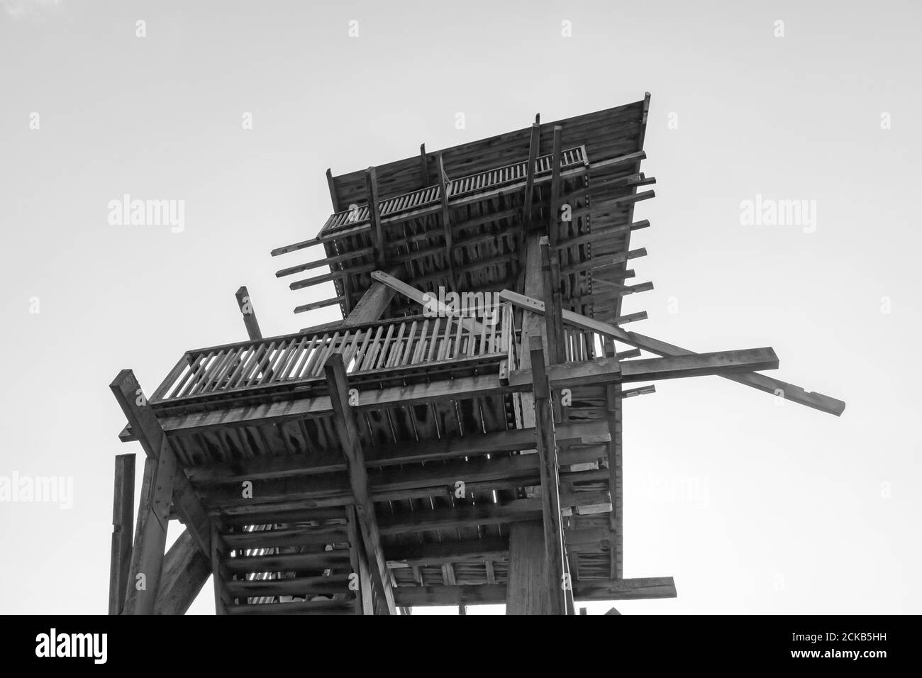 Low angle shot of a metal watchtower on a sunny sky background Stock ...