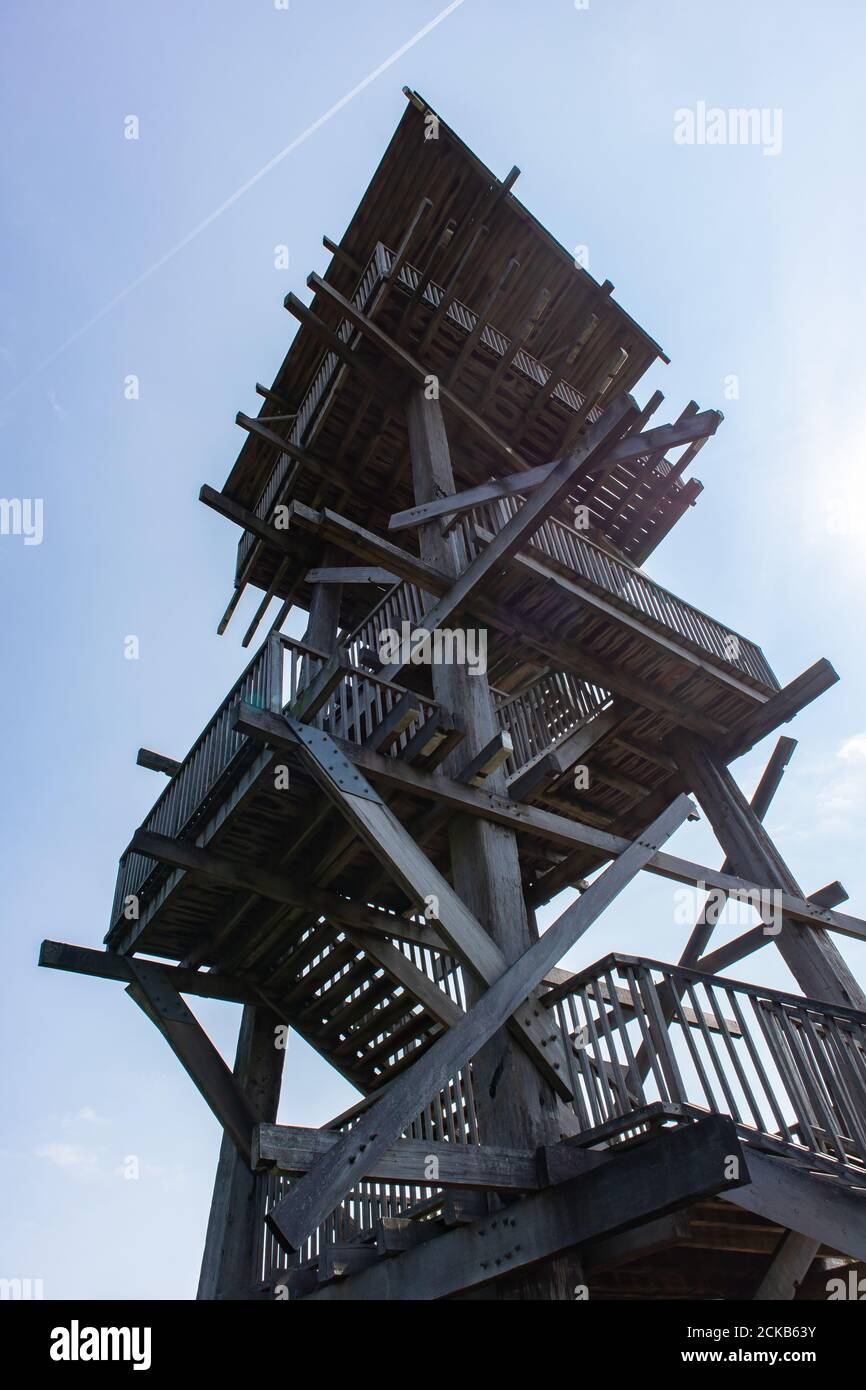Low angle shot of a metal watchtower on a sunny sky background Stock ...