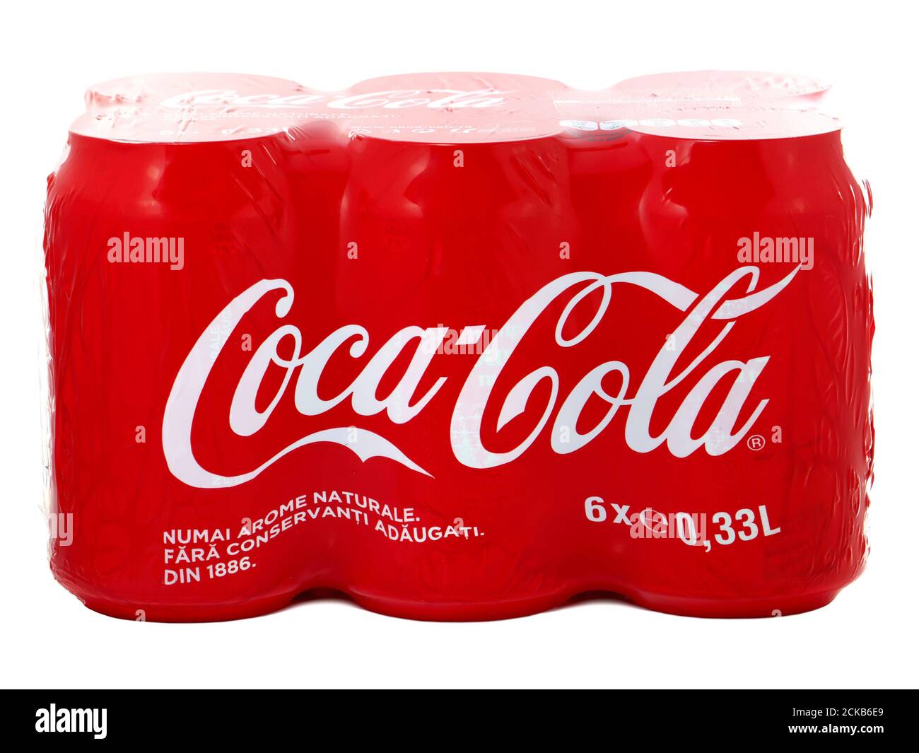 BUCHAREST, ROMANIA - DECEMBER 8, 2014. Pack of six cans of Coca-Cola ...