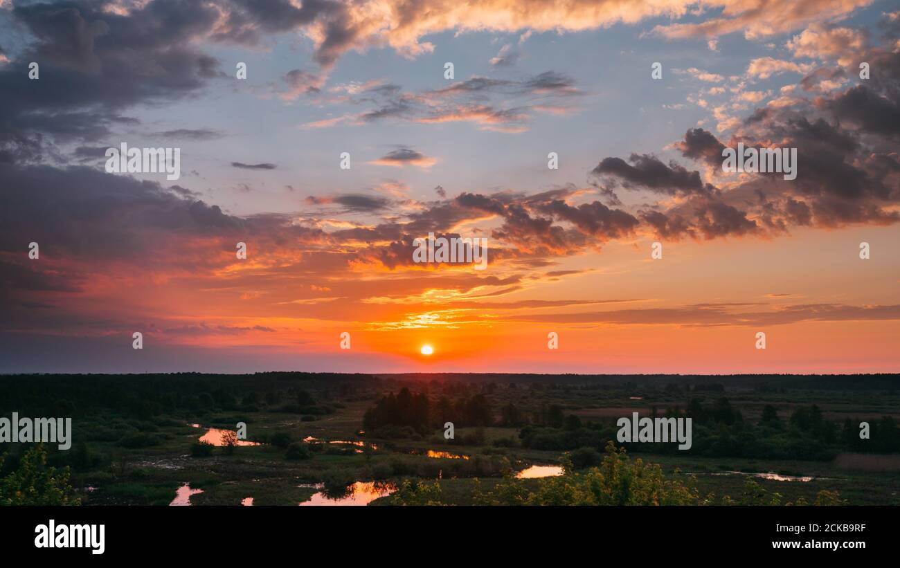 Amazing Sunrise Above Summer Forest And River Landscape. Scenic View Of ...