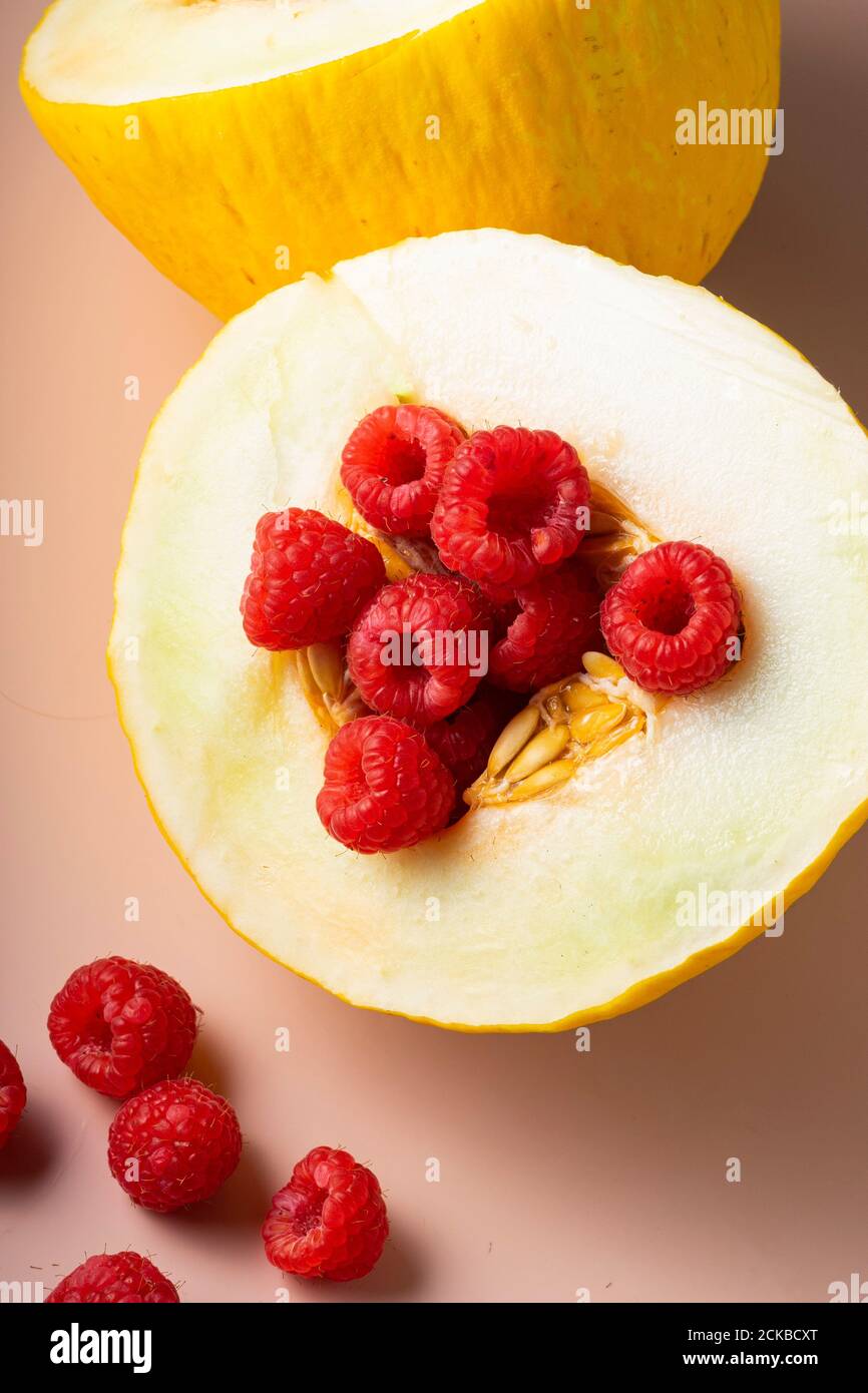 selective focus. fresh ripe fruit, melon and raspberry flavor ...