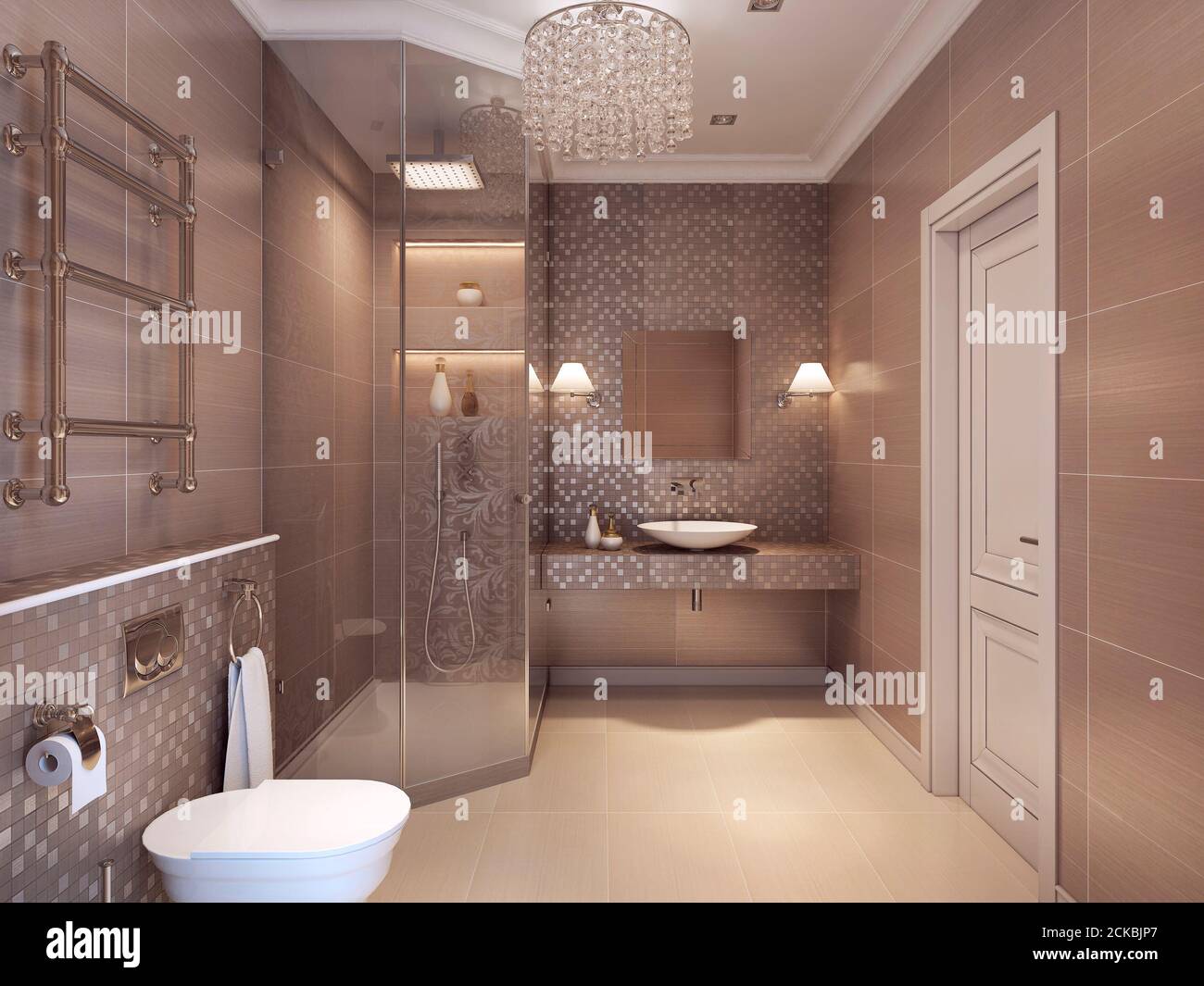 Modern bathroom in the art deco style. Shower, WC and Sink Konsoles. 3D ...