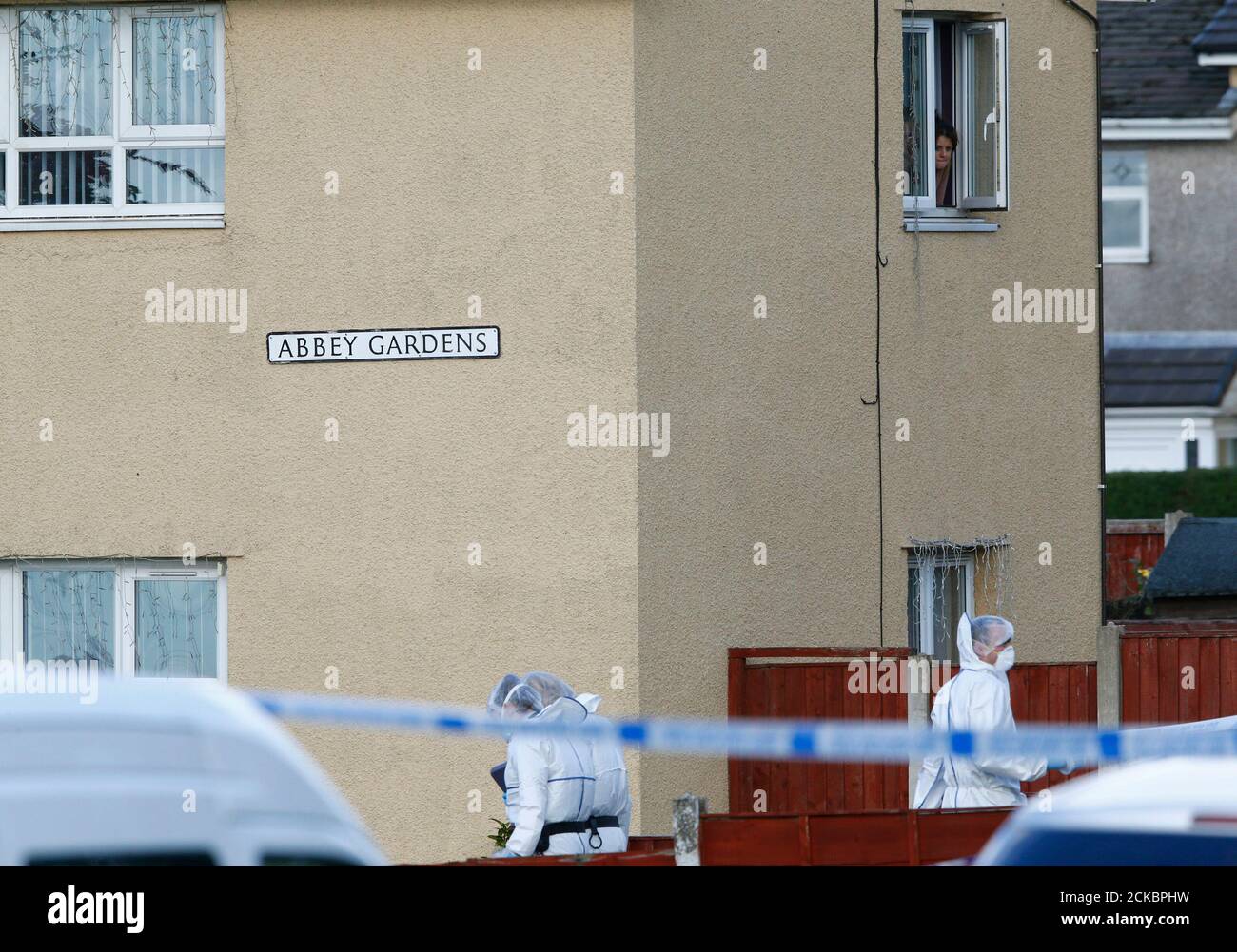 Police forensic officers at the scene of shooting in hattersley hi-res ...