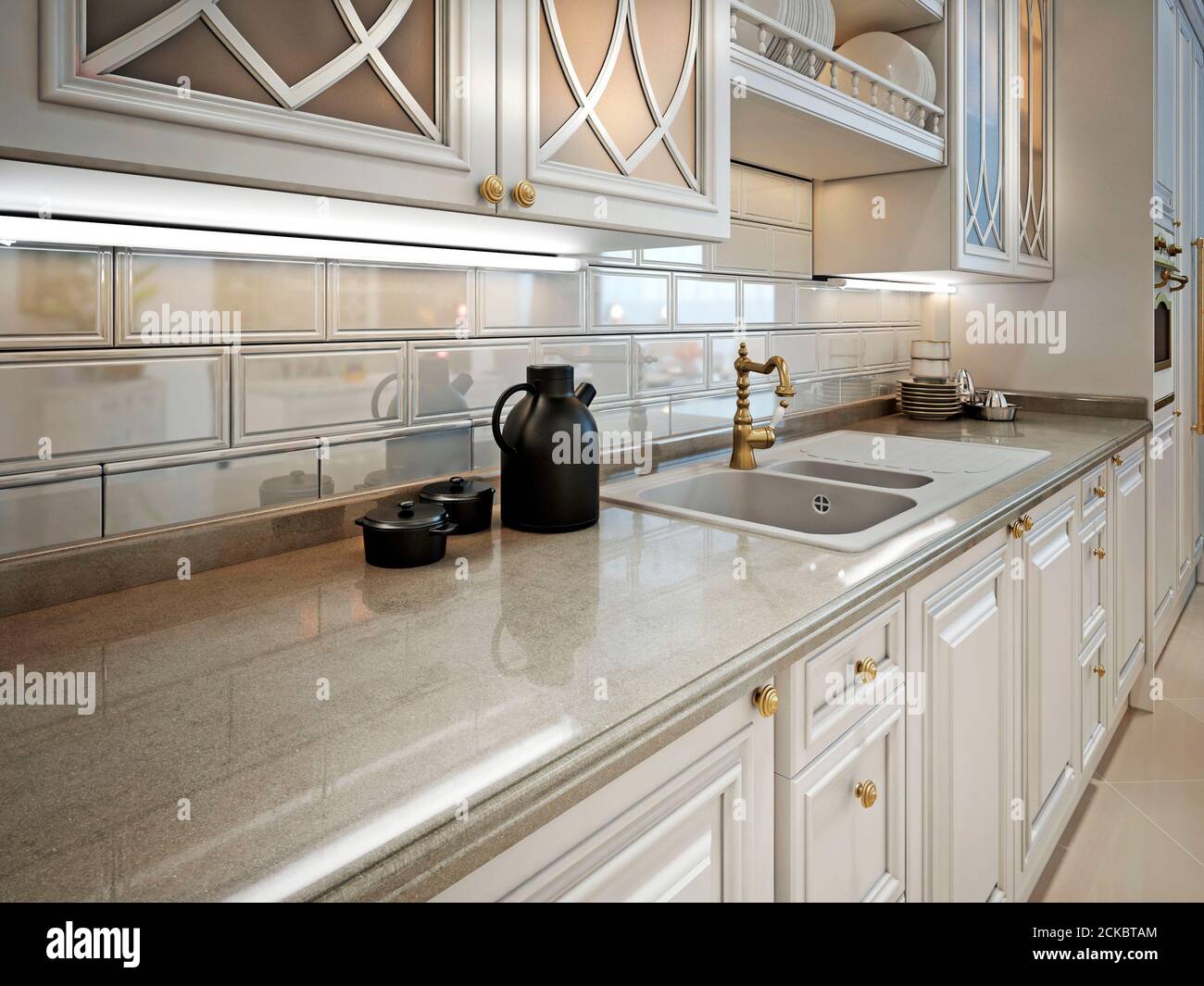 Kitchen furniture and marble work surface in a classic style. 3D render ...