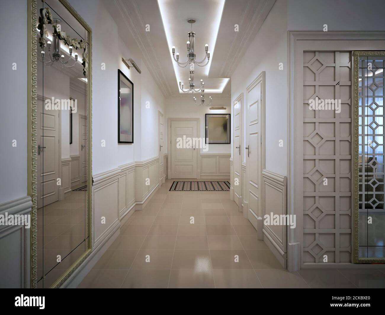 Hall corridor in classic style. 3d visualization Stock Photo - Alamy