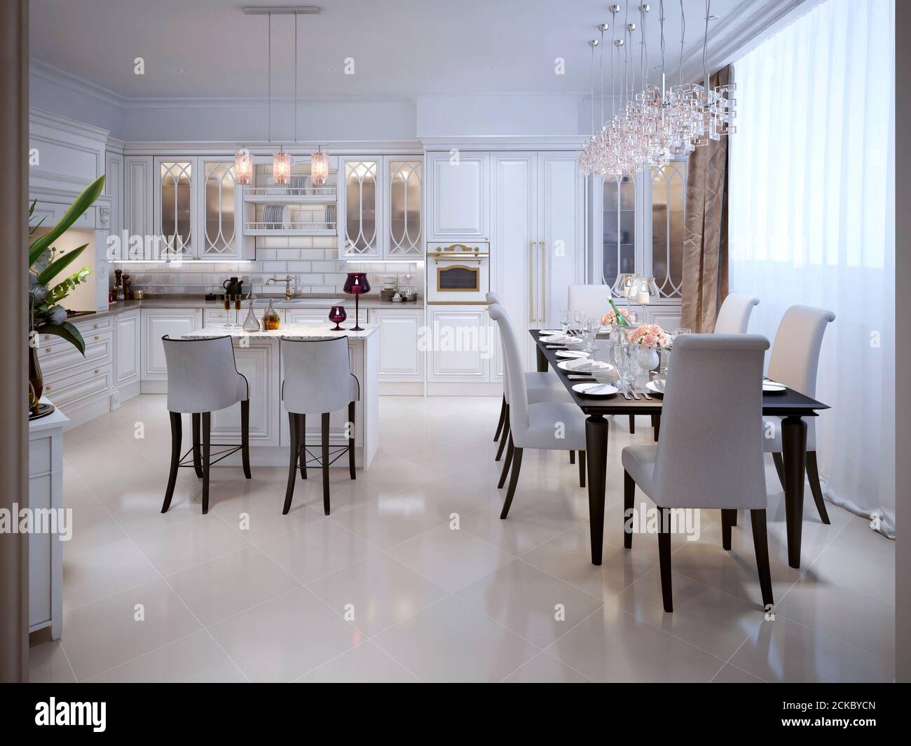 White kitchen with dining table in the Arab style. 3D render Stock ...