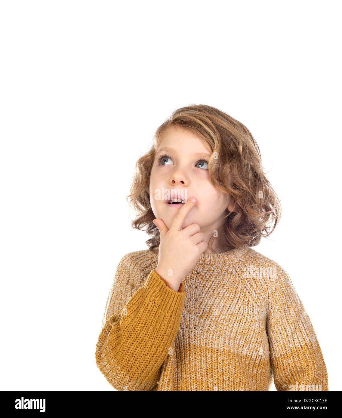 Pensive cute child isolated on a white background Stock Photo - Alamy