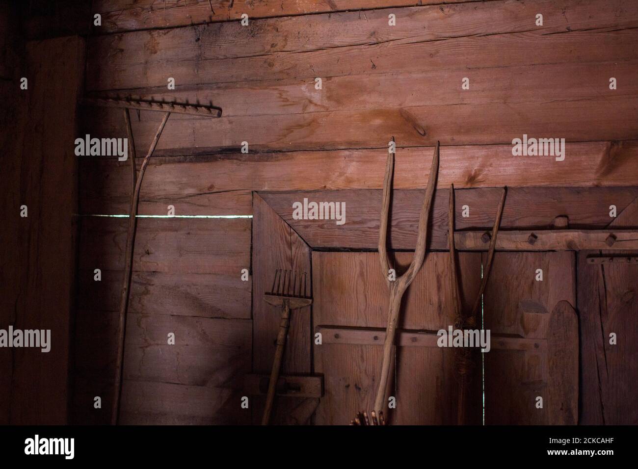an old wooden pitchfork in the barn Stock Photo - Alamy