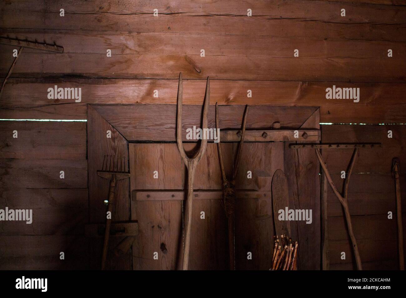 an old wooden pitchfork in the barn Stock Photo - Alamy