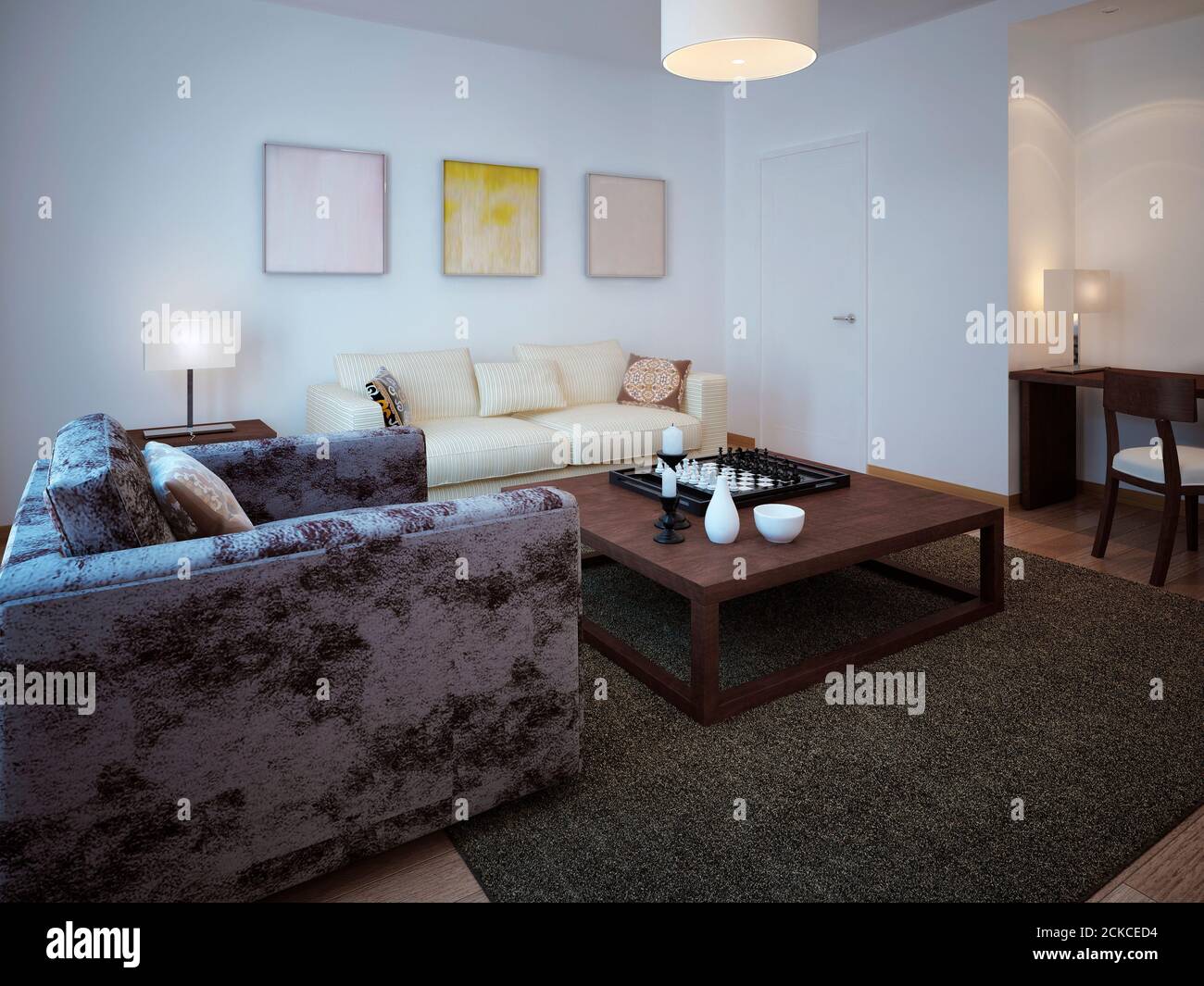 Living room vintage style. 3d render Stock Photo - Alamy