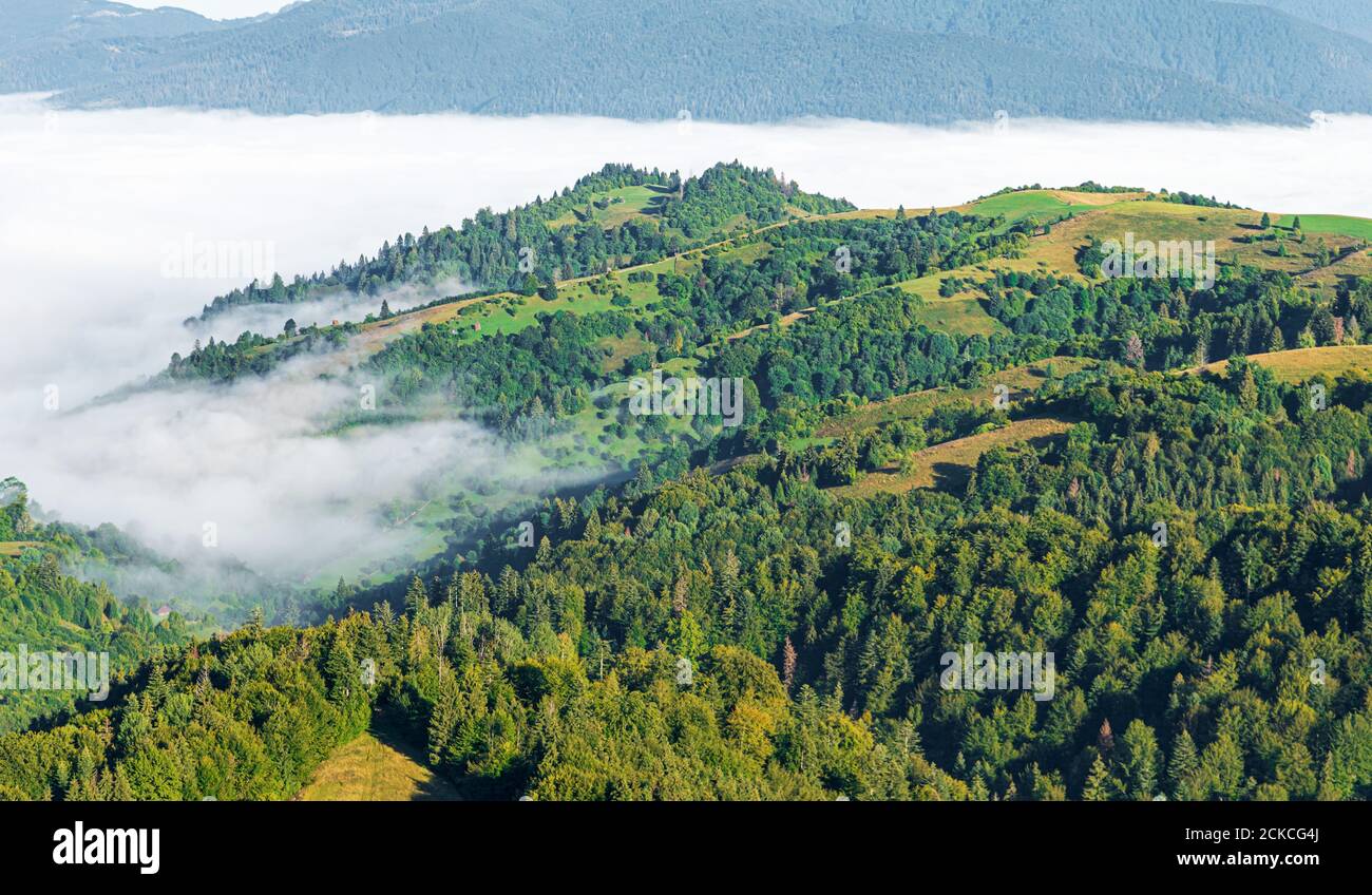 View of the mountain landscape and the mist-shrouded valley Stock Photo ...