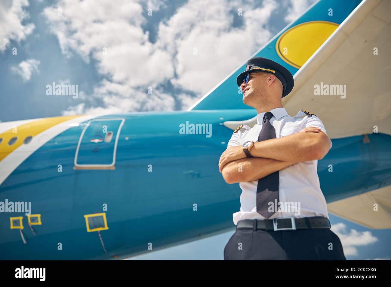 Handsome male pilot standing by airplane under blue sky Stock Photo - Alamy