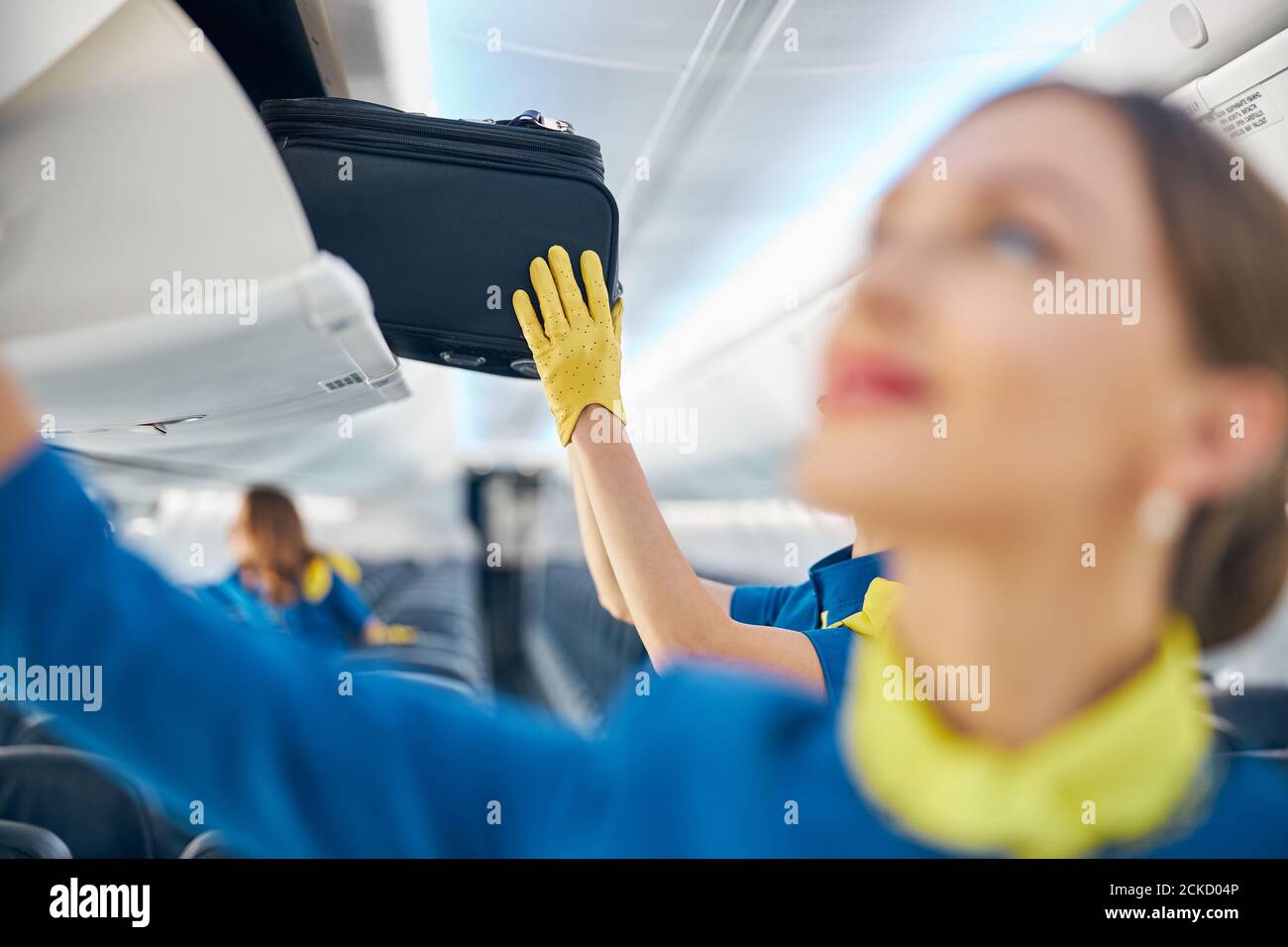 Close up focused portrait of flight attendant helping putting luggage ...