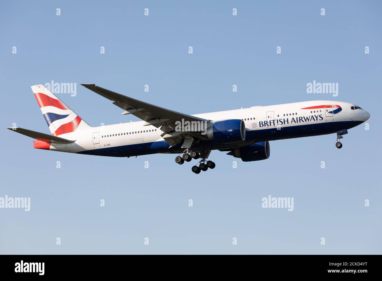 A British Airways Boeing 777 lands at London Heathrow Airport, England ...