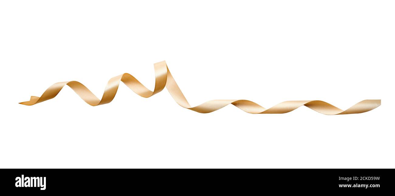 A curly gold ribbon for Christmas and birthday present banner isolated ...