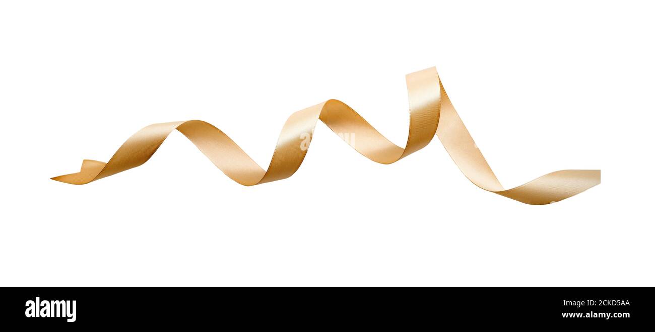 A curly gold ribbon for Christmas and birthday present banner isolated ...