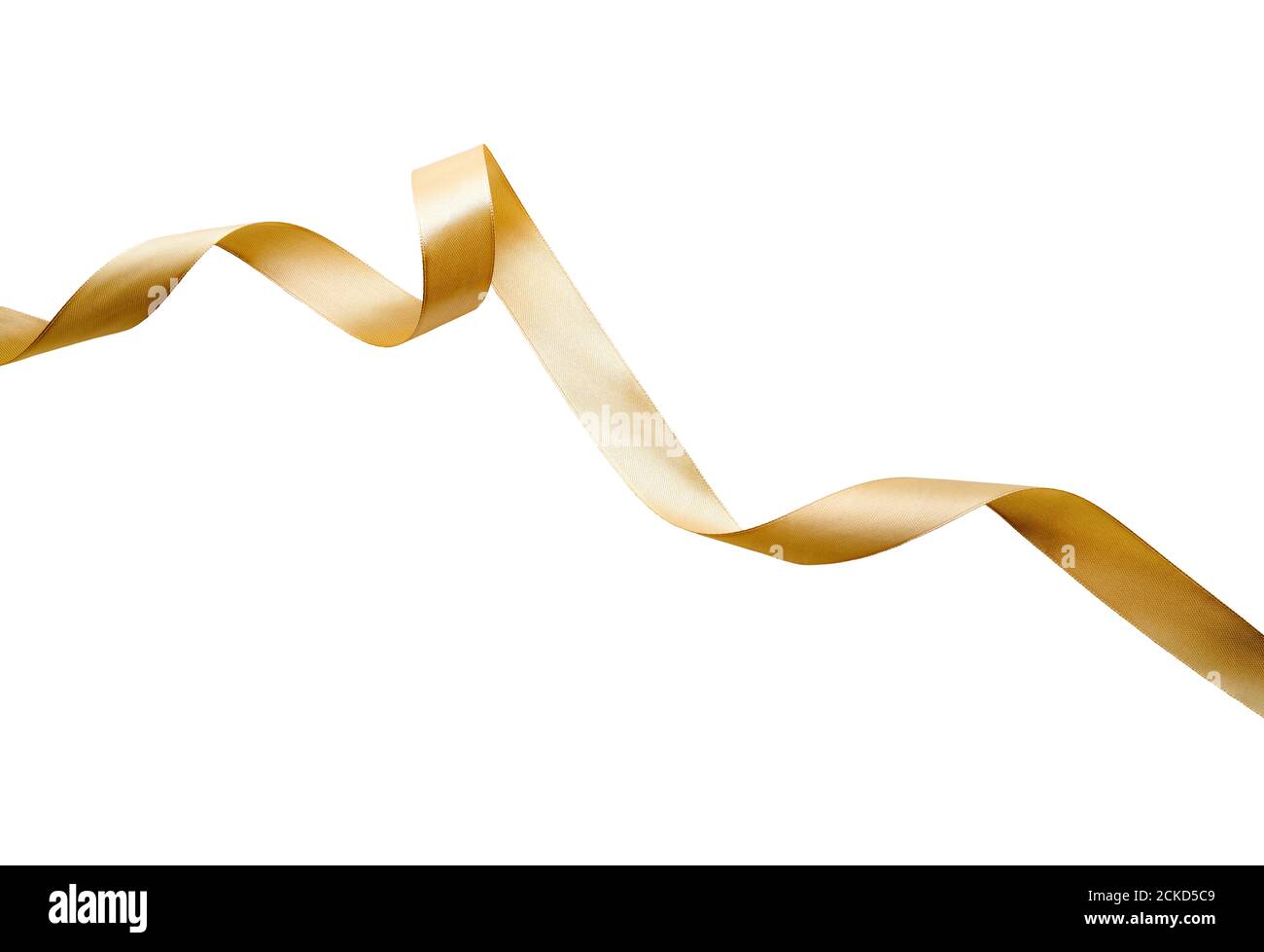 A curly gold ribbon for Christmas and birthday present banner isolated ...