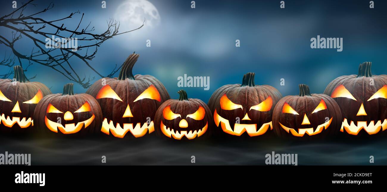 Seven spooky halloween pumpkin, Jack O Lantern, with an evil face and ...