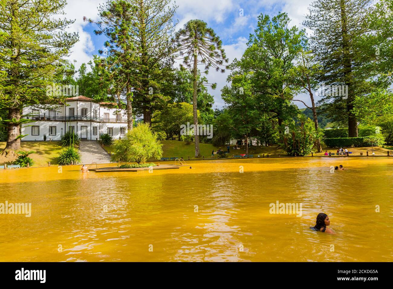 Furnas, Azores, Portugal - August 16, 2020: People swimming in a ...