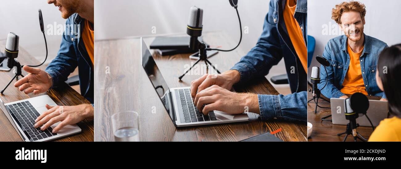 collage of broadcaster speaking in microphone, using laptop and talking ...