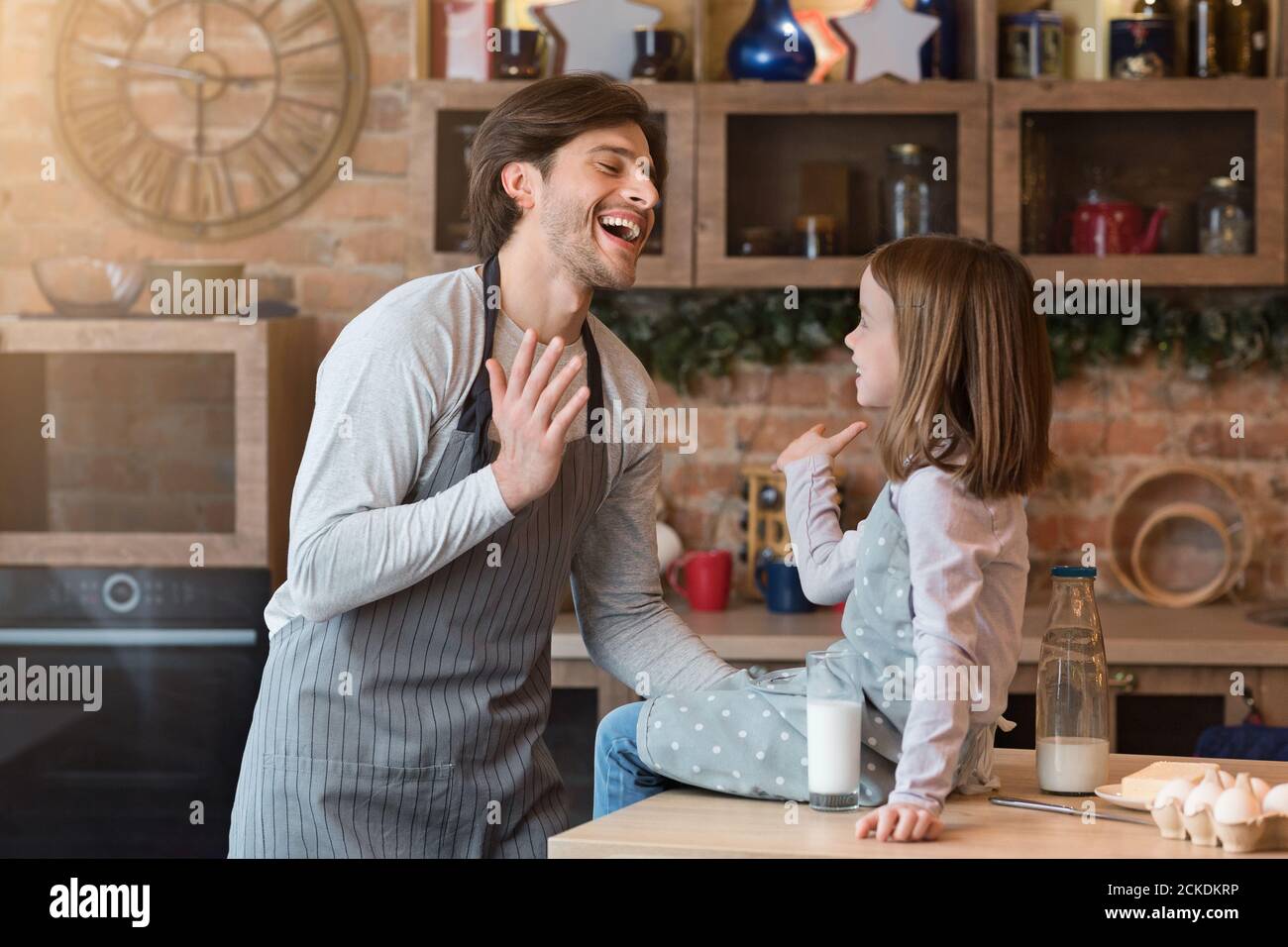 Kitchen Fun. Young Father And His Little Daughter Laughing While ...
