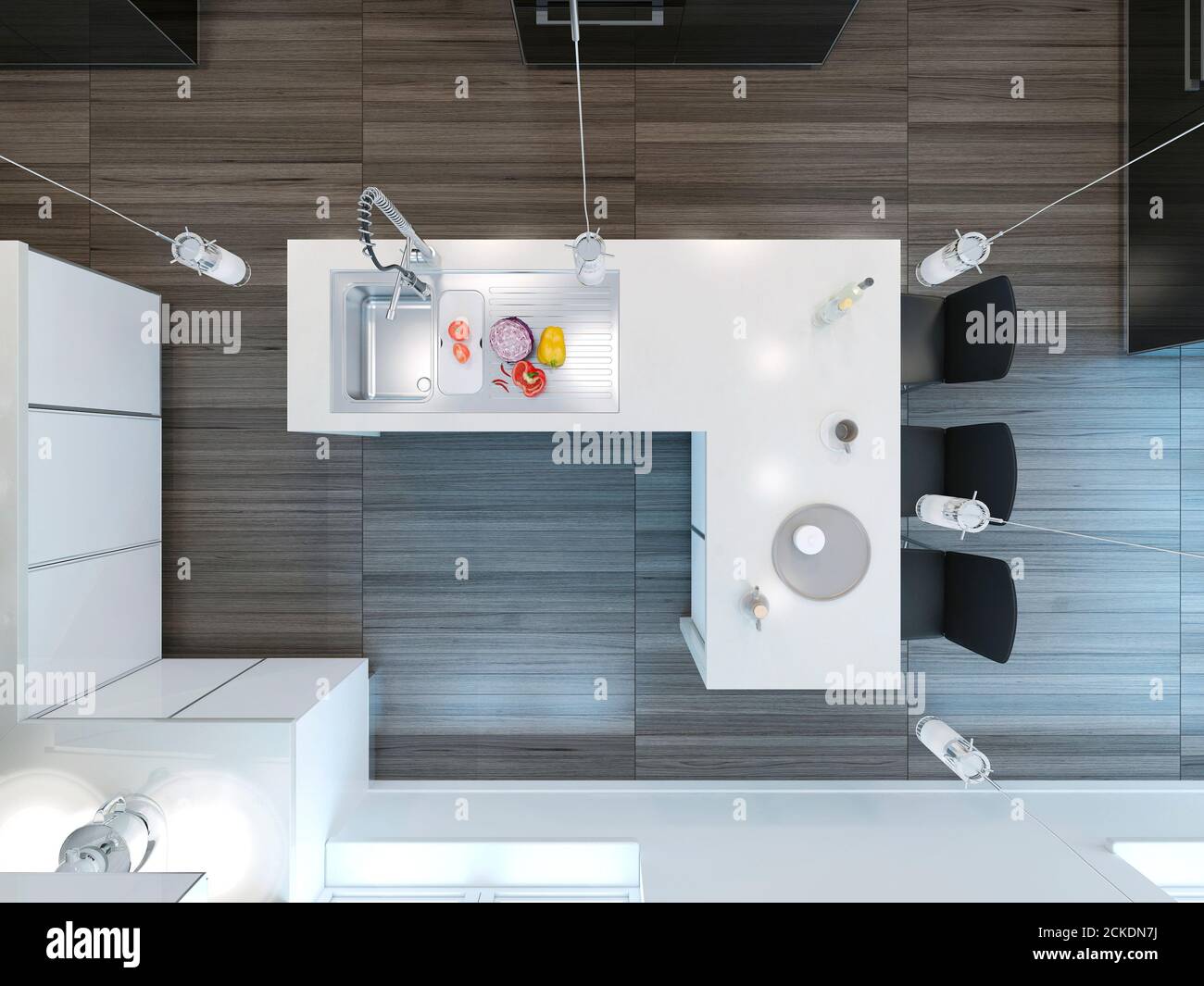 Top view modern kitchen bar. 3D render Stock Photo - Alamy