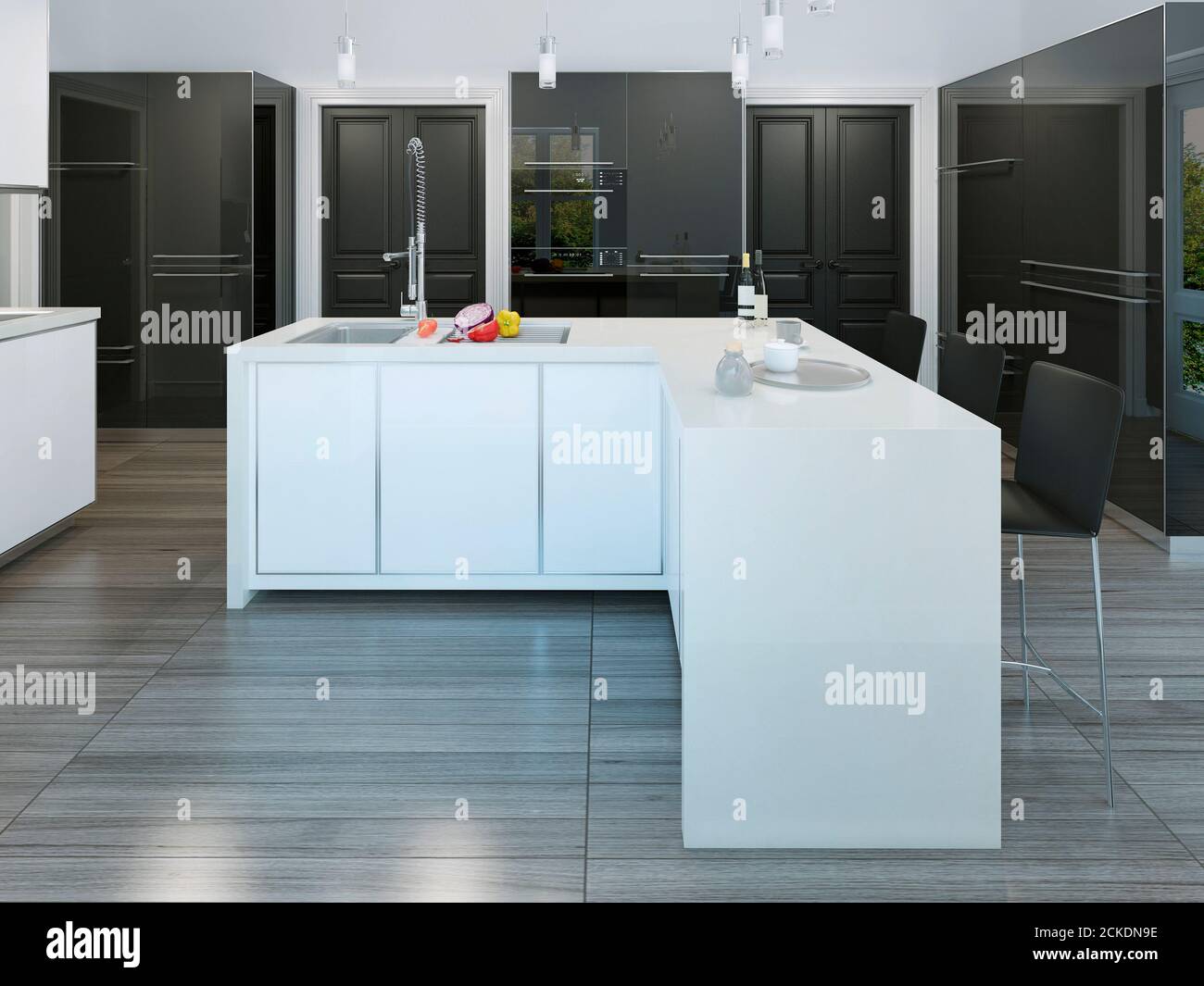 Modern style kitchen island. 3d render Stock Photo - Alamy