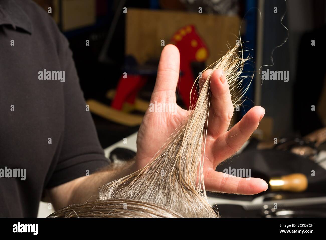 Professional hairdresser cutting a woman's hair with scissors and a ...