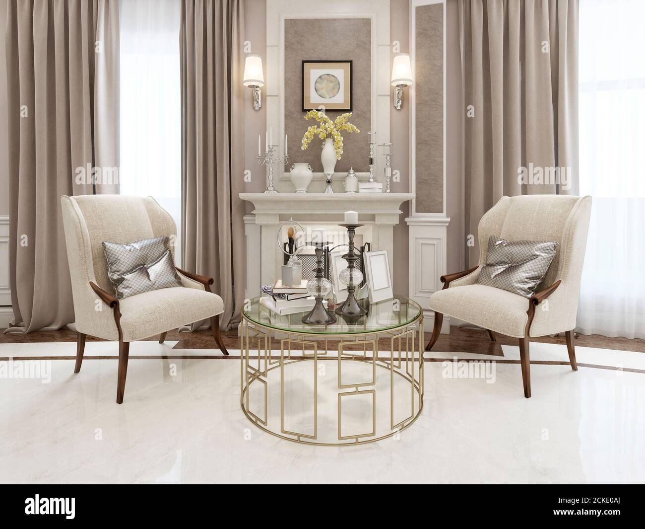 Fireplace area neoclassical style. 3D model Stock Photo - Alamy