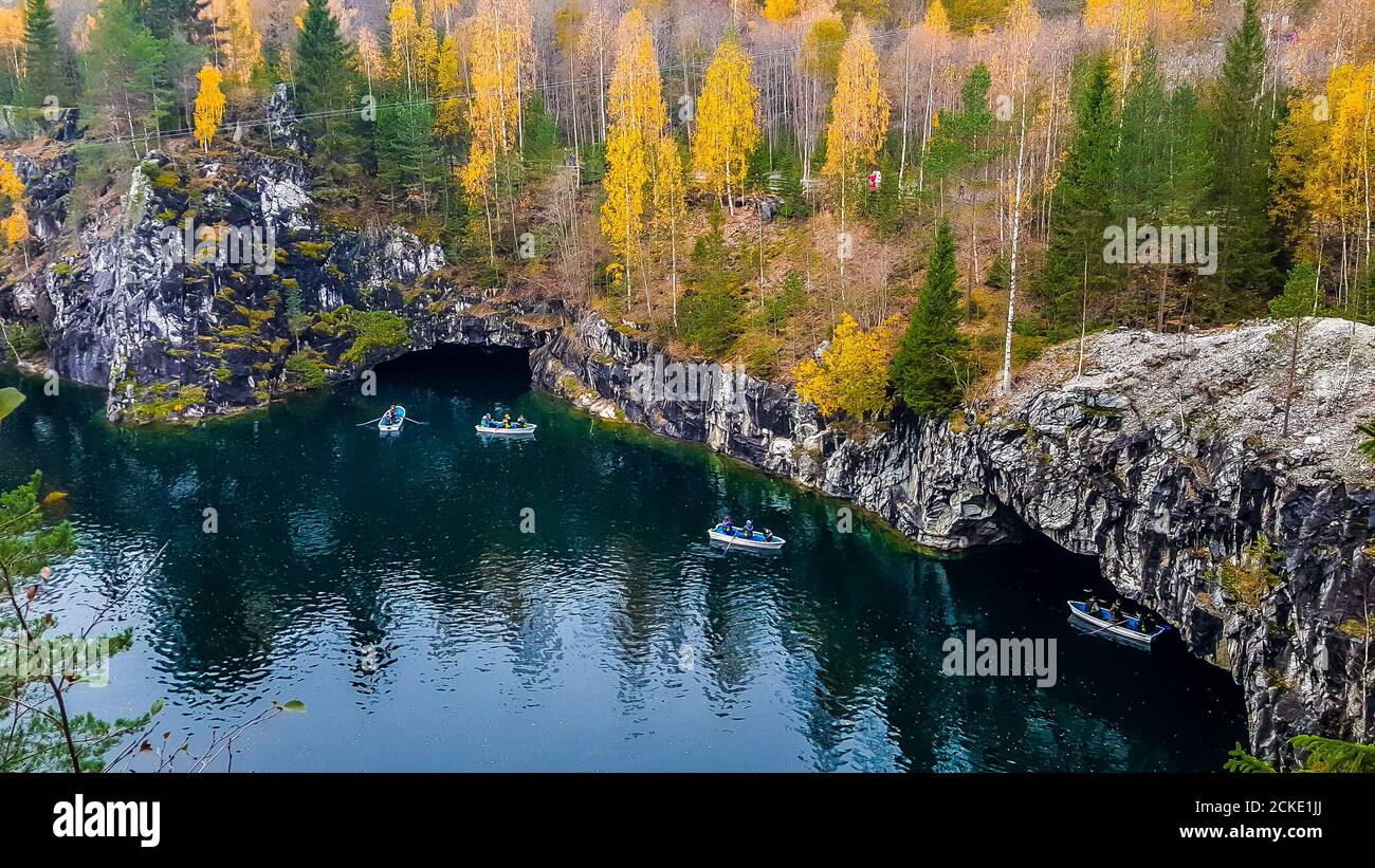 Marble quarry in mountain park "Ruskeala" in autumn. Republic of ...
