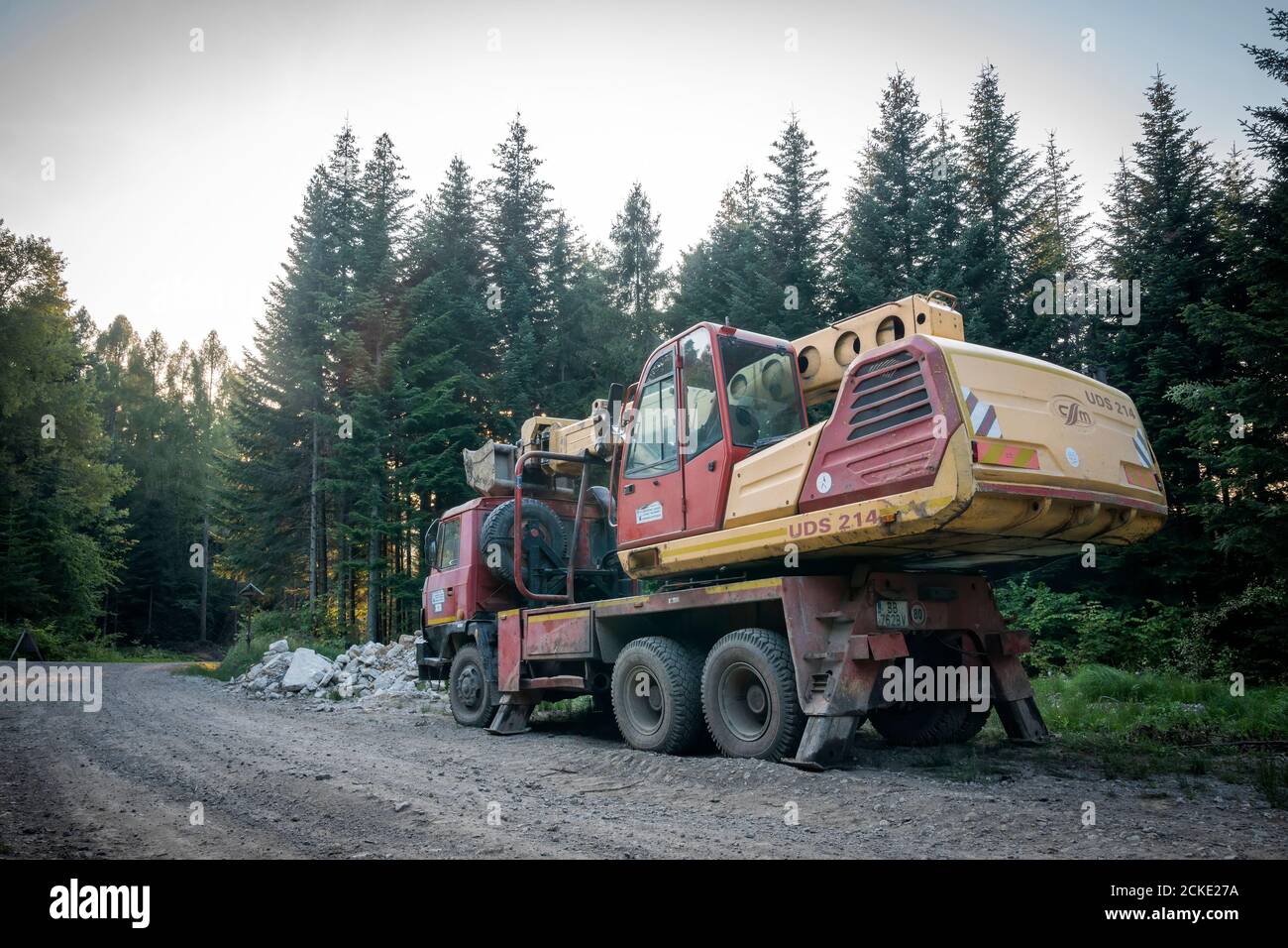 Czech Tatra T815 UDS 214 excavator truck 6x6, in the forest road in ...