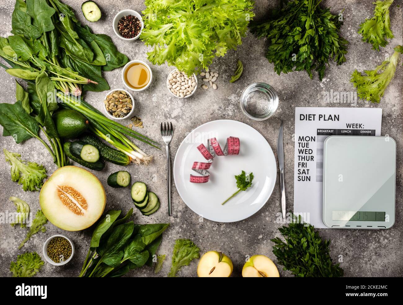 Weight loss concept. Measuring tape on the plate Kitchen scale Diet ...