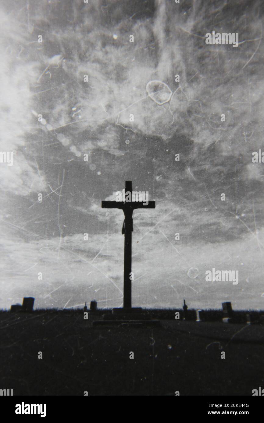 Fine 70s vintage black and white photography of a huge cross standing ...