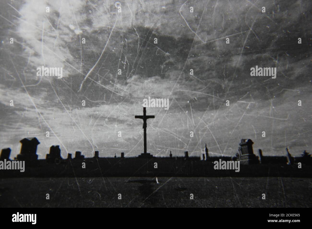 Fine 70s vintage black and white photography of a huge cross standing ...