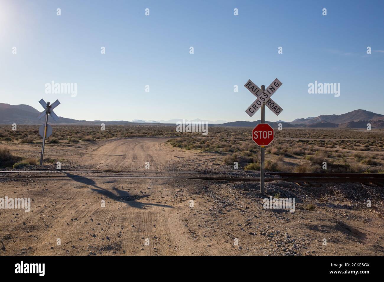 Red stop sign by the railroad in Trona Pinnacles, California Stock ...