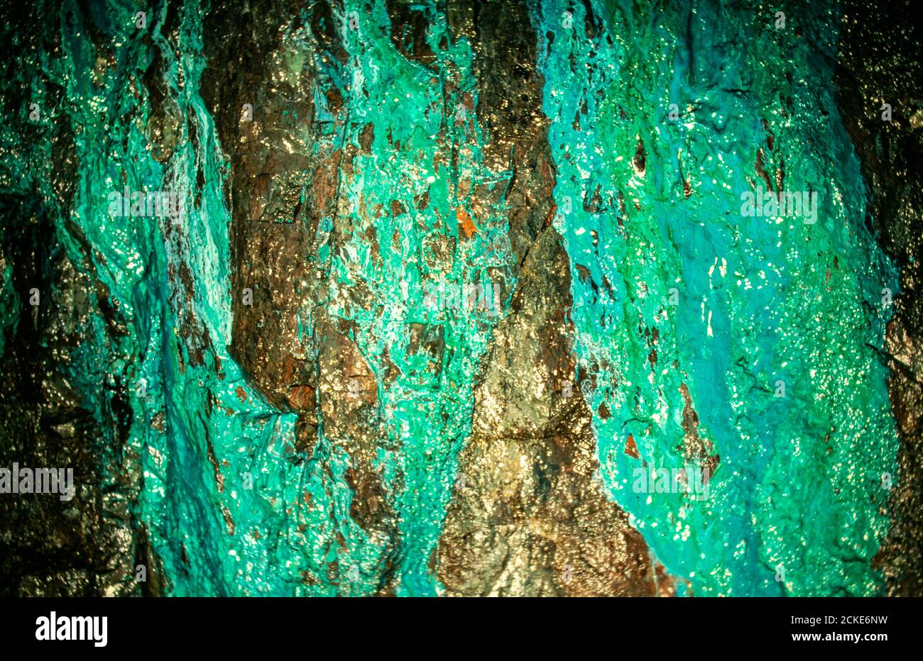 Copper deposits on a rock in the old Coniston copper mines, Lake ...