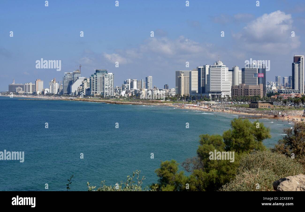 Skyline of Tel Aviv with city beaches all along. The photo taken form ...