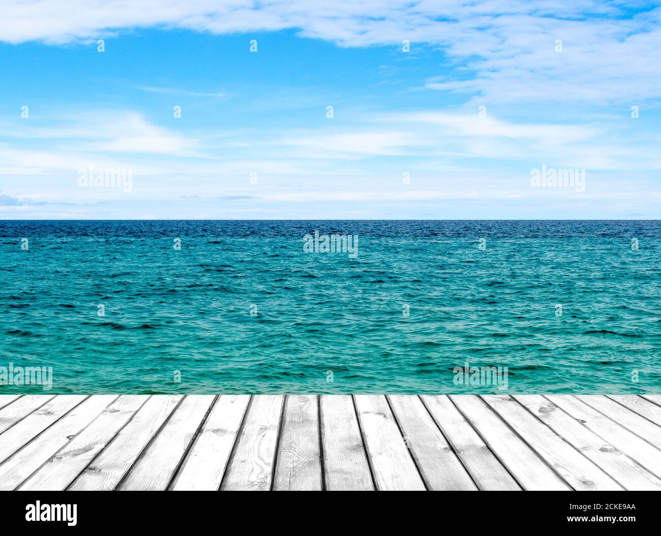 Seascape with beautiful perfect sky sky, white wooden plank in ...