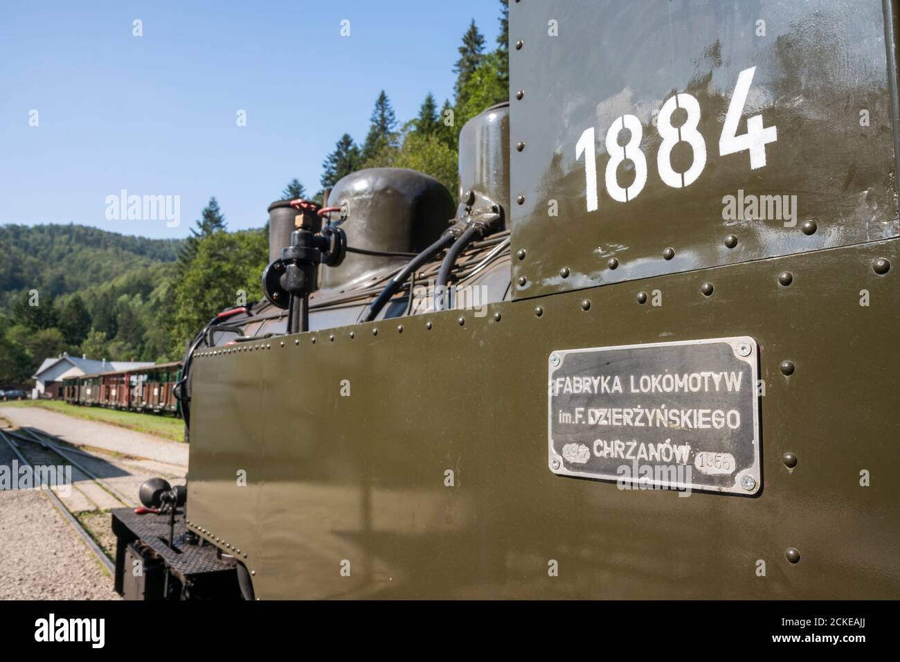 Polish narrow-gauge historic steam locomotive from 1956 with nameplate ...