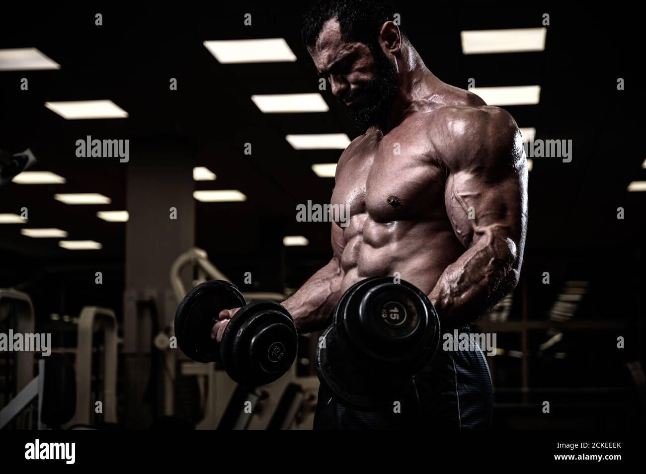 strong young bearded male lifting heavy weight dumbbells training his ...